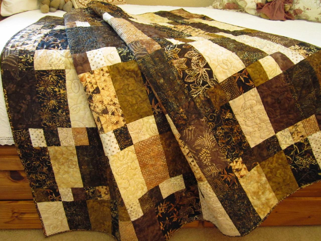 Batik Quilt Handmade Quilted Black, Brown And Tan on Luulla