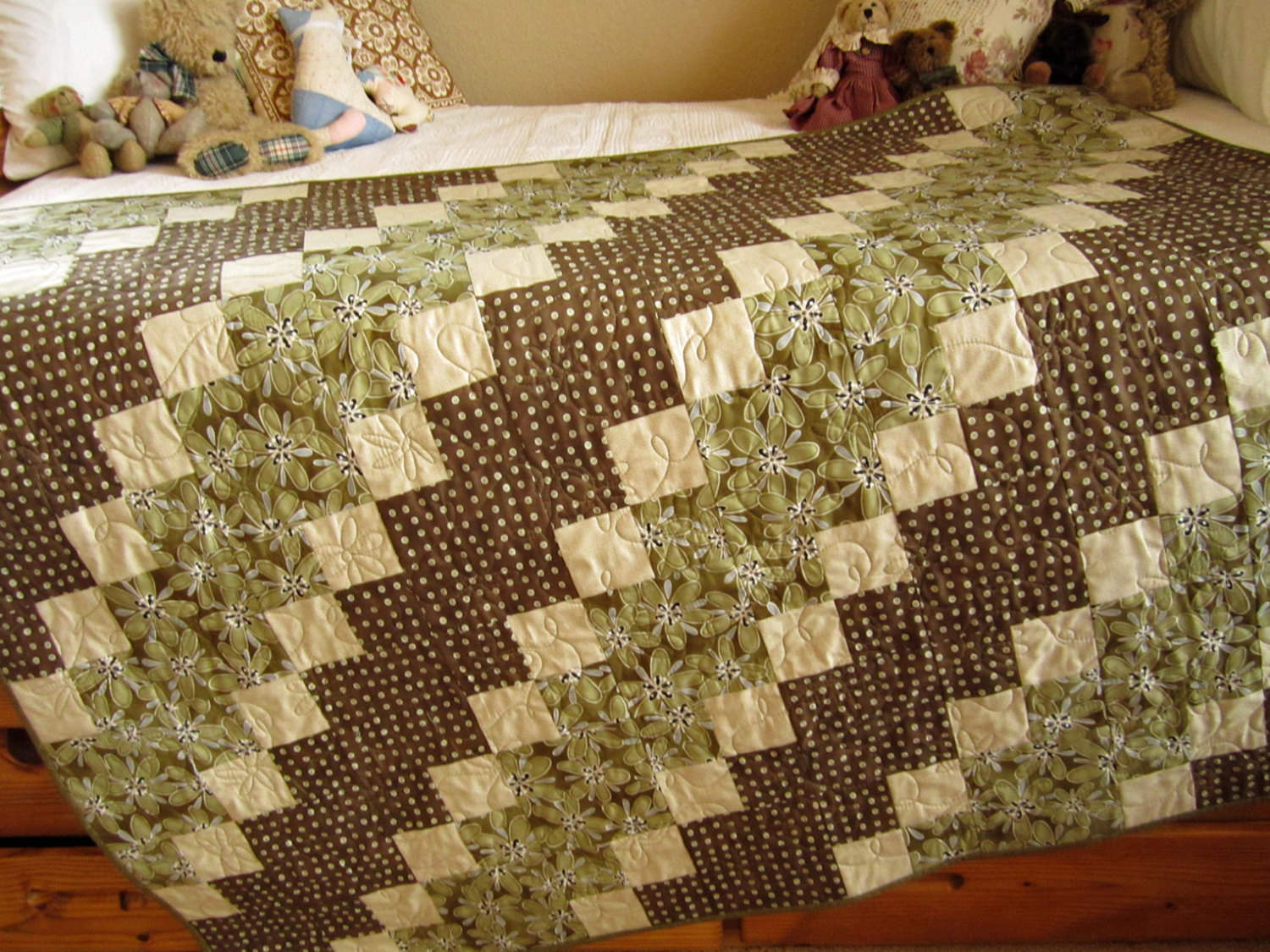 Patchwork Quilt Brown And Green Diagonal Handmade Patchwork Quilt on Luulla
