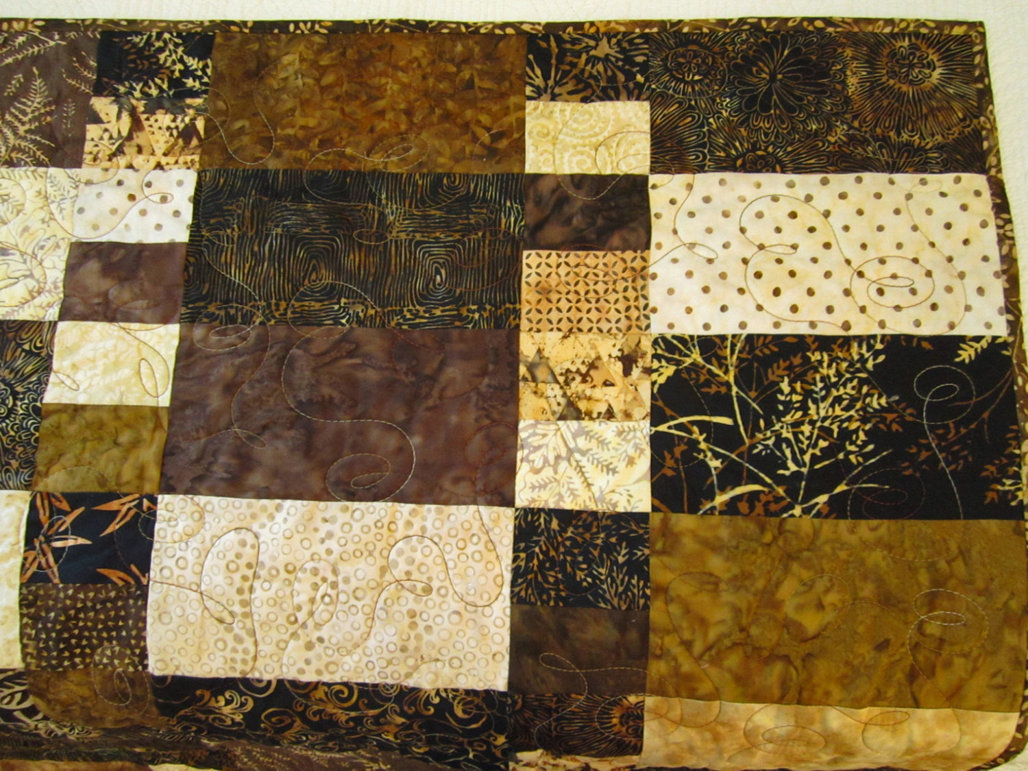 Batik Quilt Handmade Quilted Black, Brown And Tan on Luulla